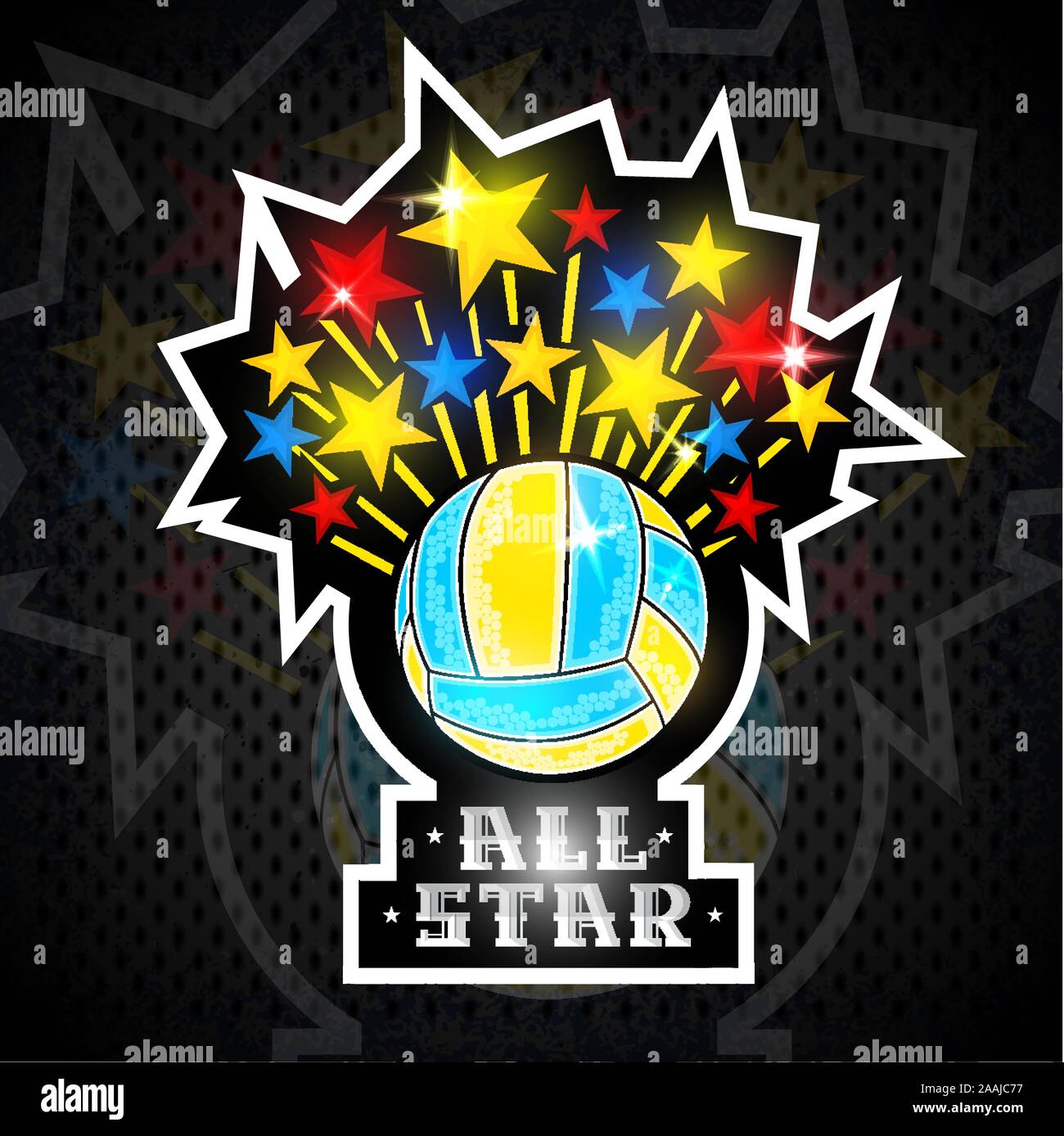 Multicolored stars fly out from beach volleyball ball and text all star ...