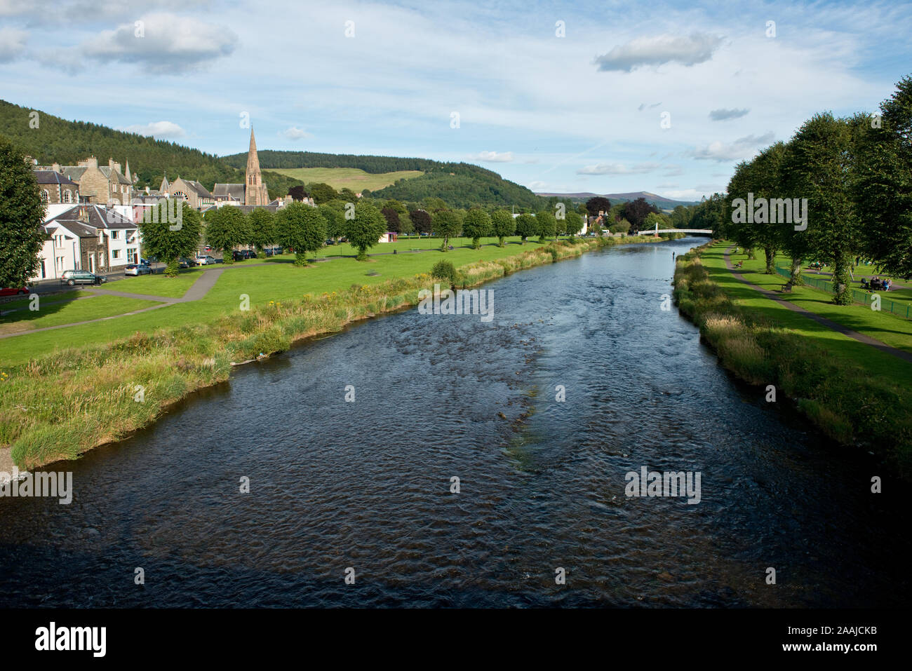 View along the River Tweed at Peebles. Park and riverside footpaths ...