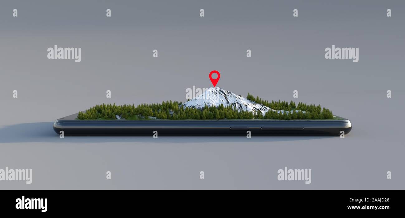 Mountainous forest augmented reality in mobile phone Stock Photo - Alamy