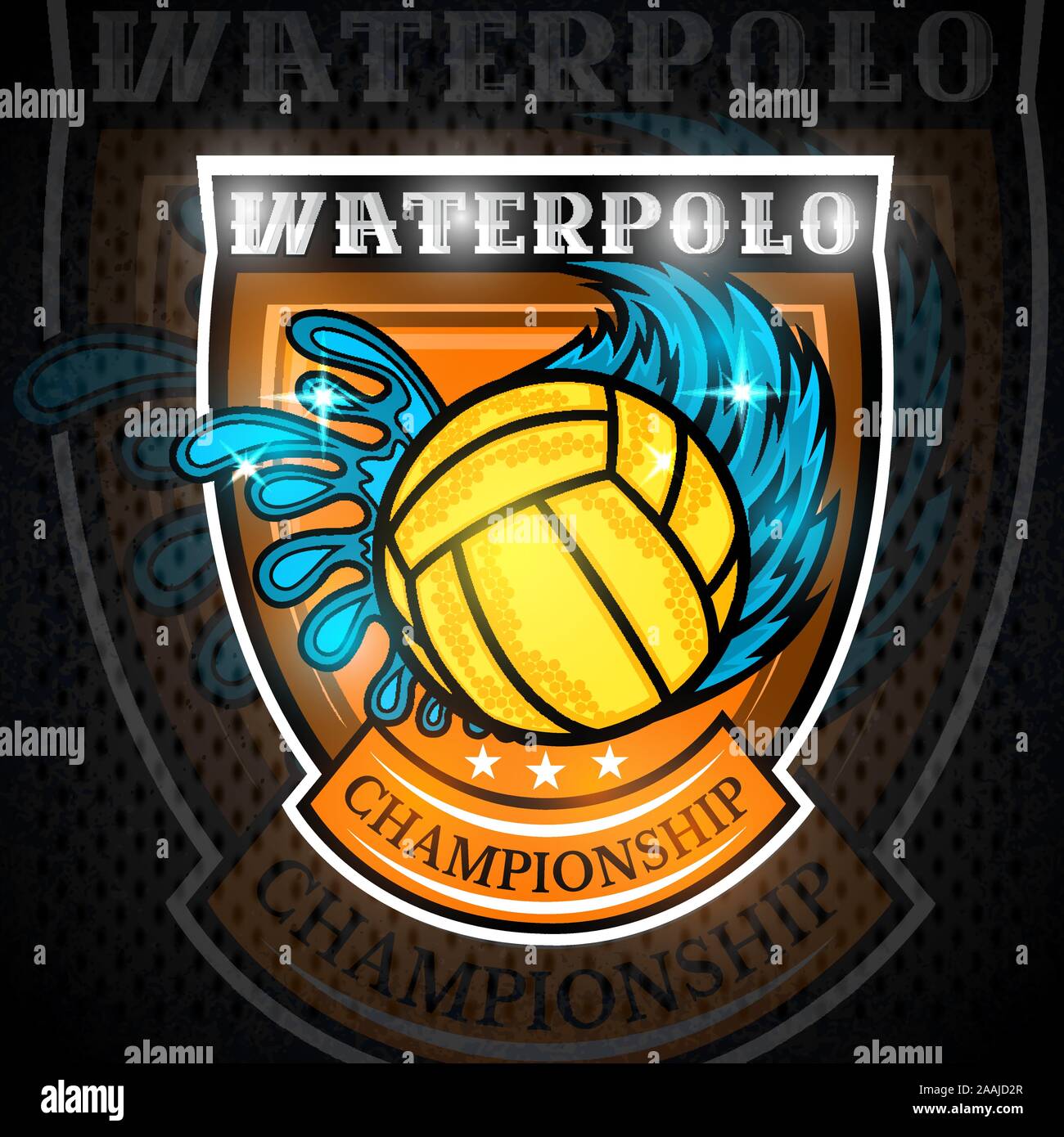 Water polo ball between water splash and wind trail in center of shield ...