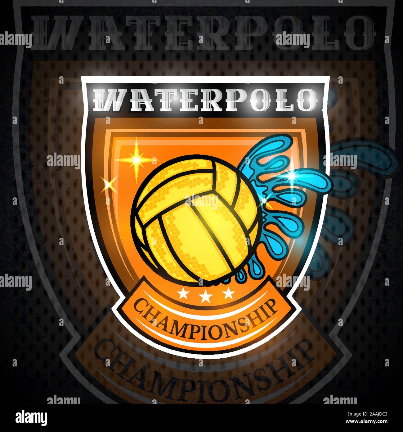 Water polo yellow ball with water splash in center of shield. Vector ...