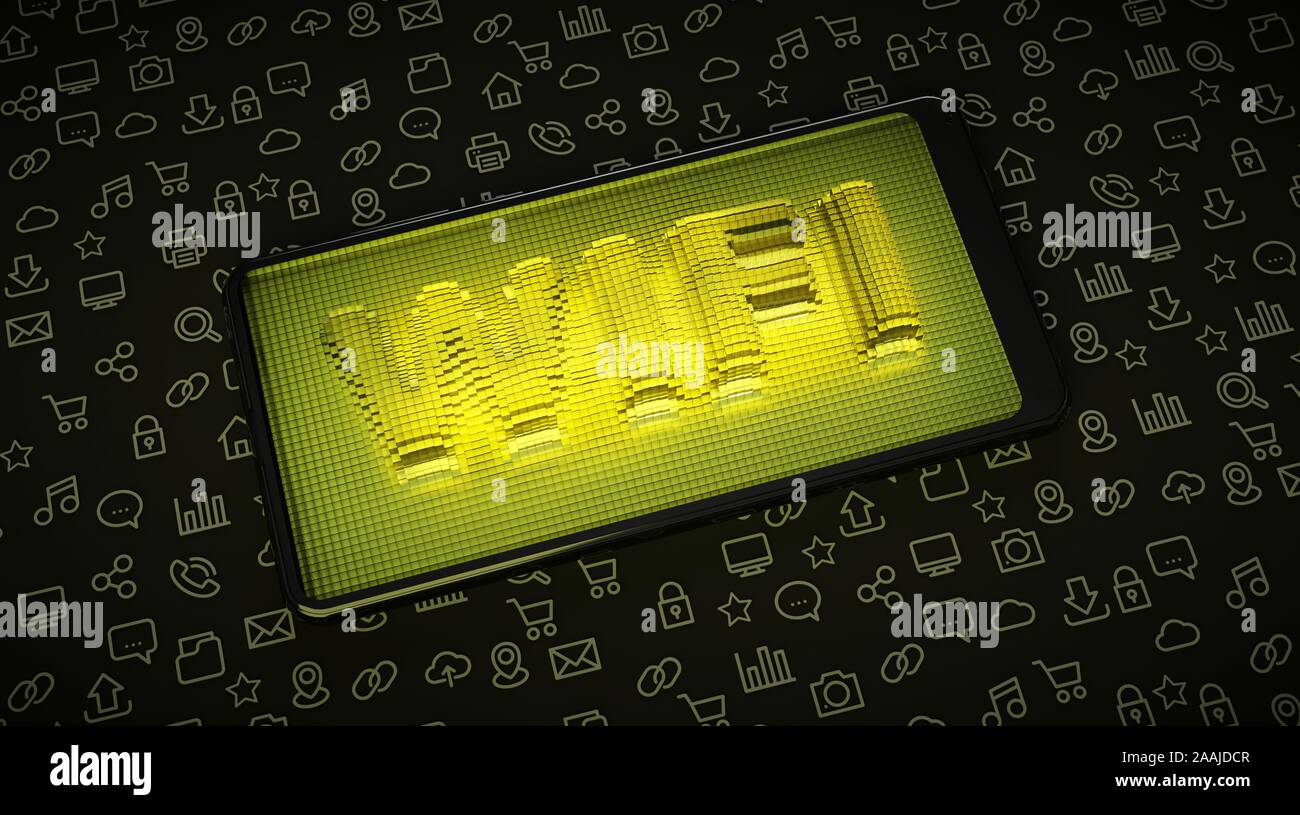 Smartphone with the word "wifi" coming out of the screen as pixels ...