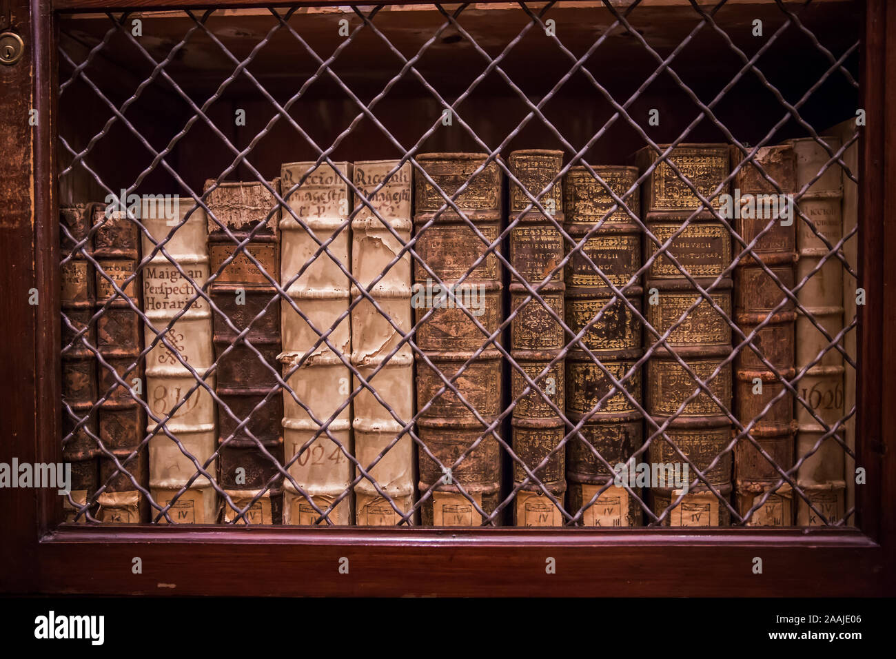 Ancient wooden library in Italy with old books Stock Photo - Alamy