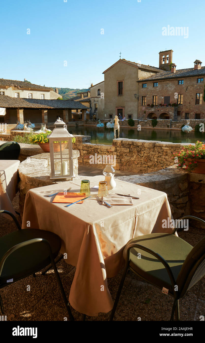 The outdoor restaurant tables at the ancient thermal spring bath ...