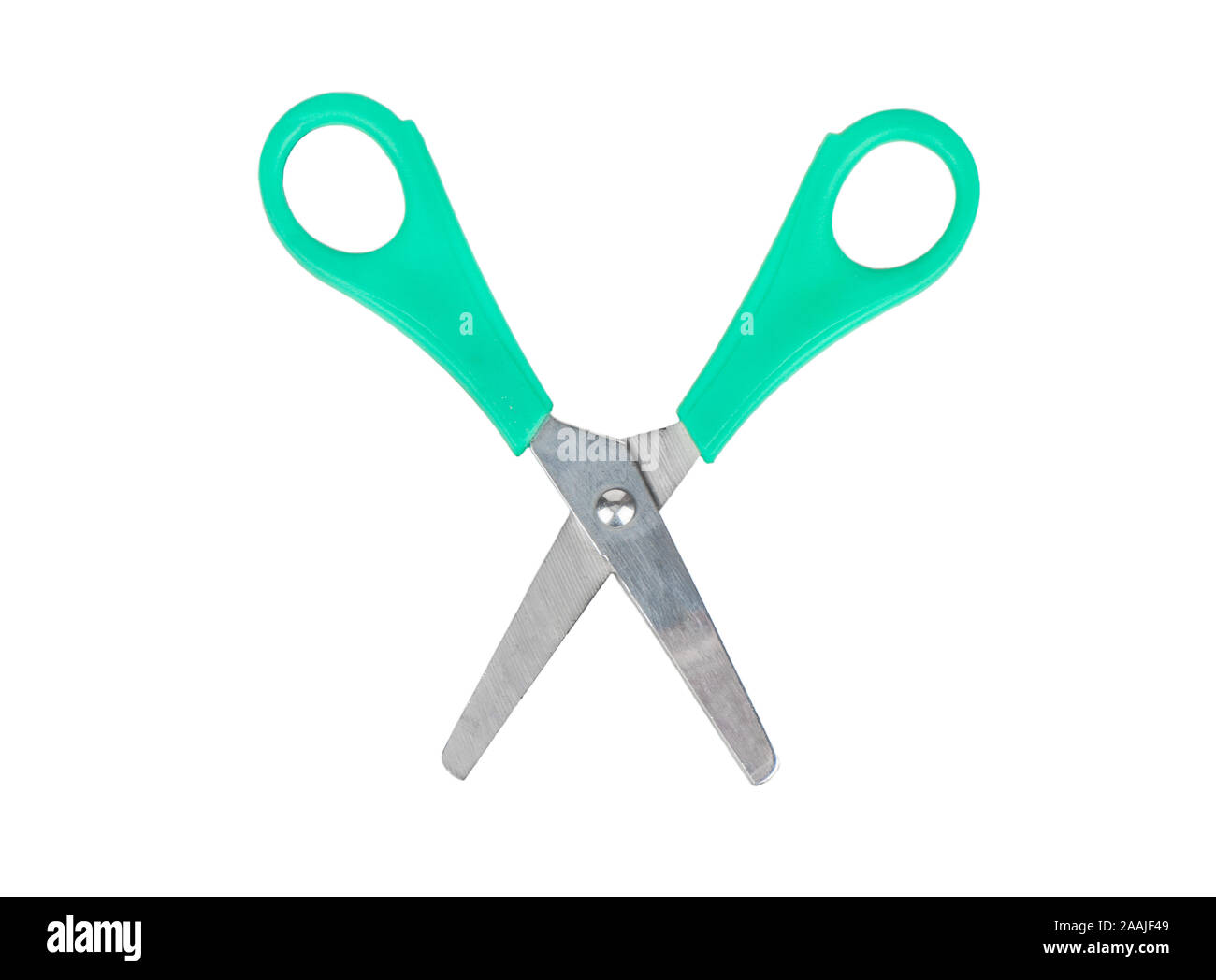 Used baby scissors with green plastic handle on white background Stock ...