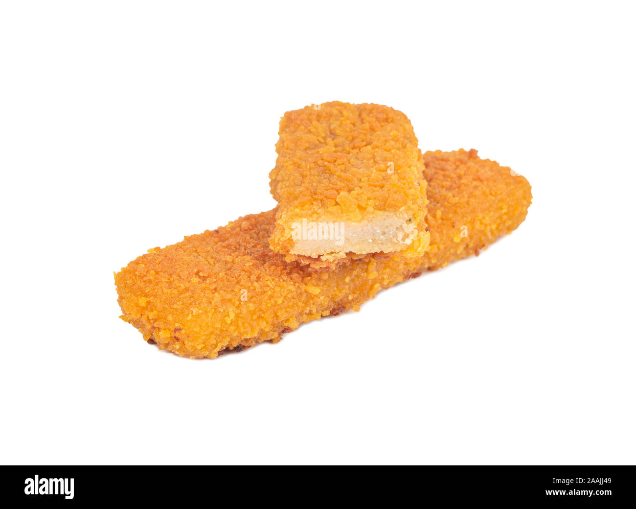 Fish stick in batter with half on white background Stock Photo - Alamy