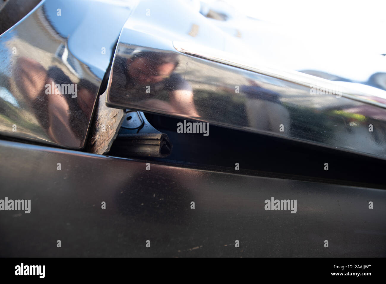 Car Crash: Damage and details of a wrecked vehicle. Close up crushed ...