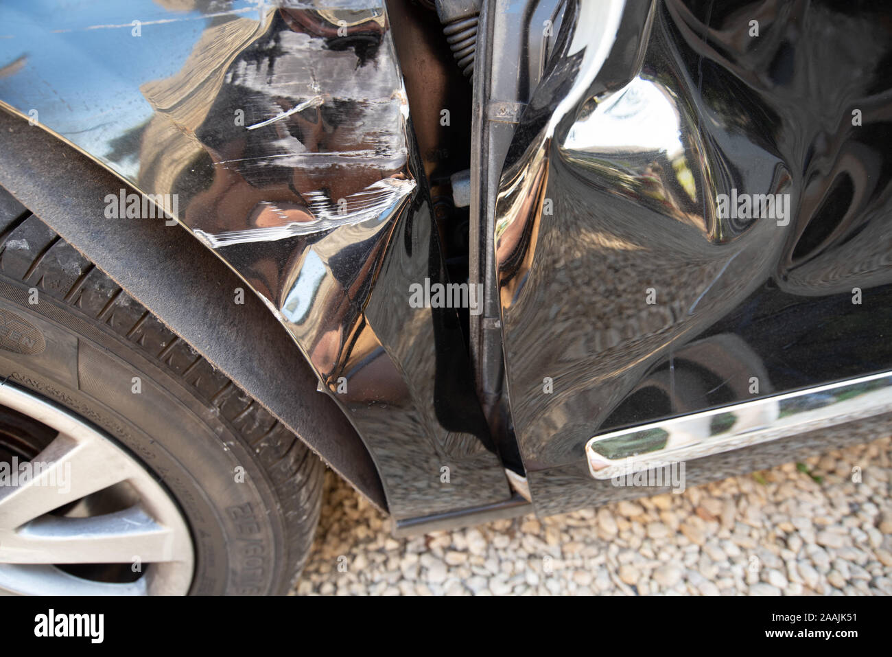 Car Crash: Damage and details of a wrecked vehicle. Close up crushed ...