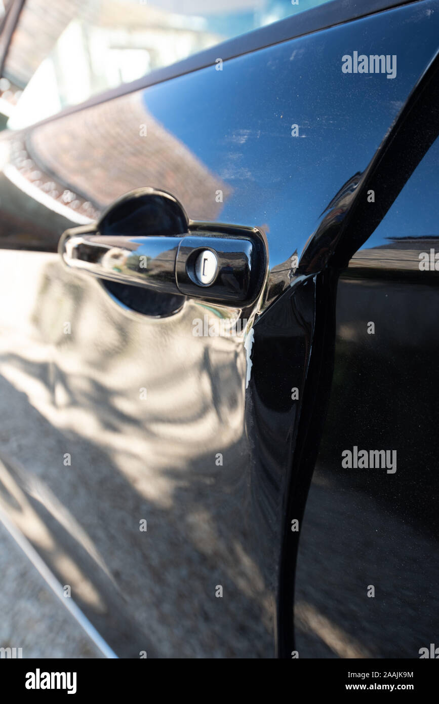 Car Crash: Damage and details of a wrecked vehicle. Close up crushed ...