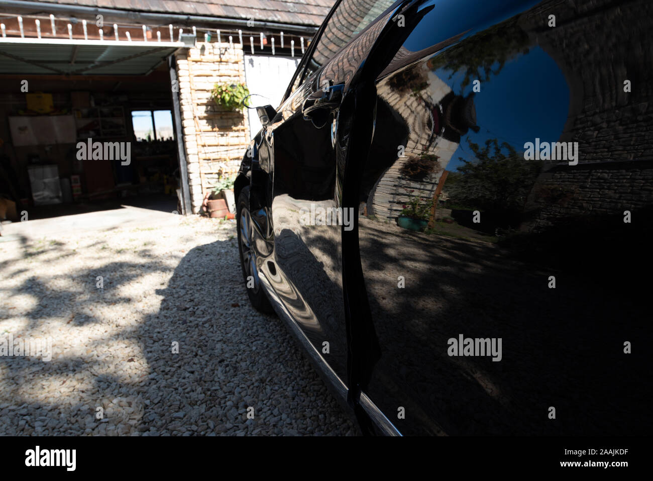 Car Crash: Damage and details of a wrecked vehicle. Close up crushed ...