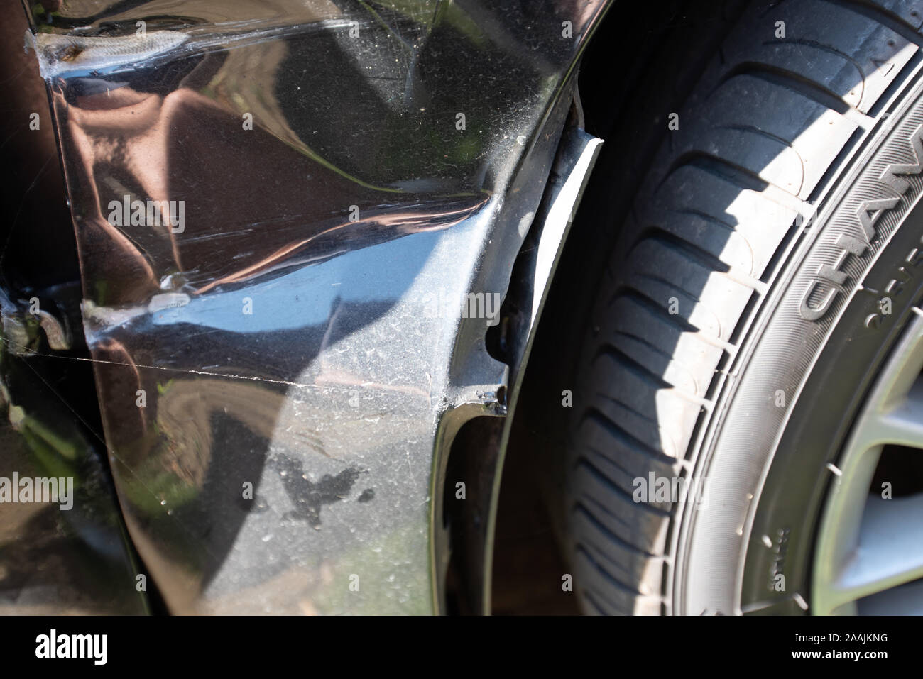 Car Crash: Damage and details of a wrecked vehicle. Close up crushed ...