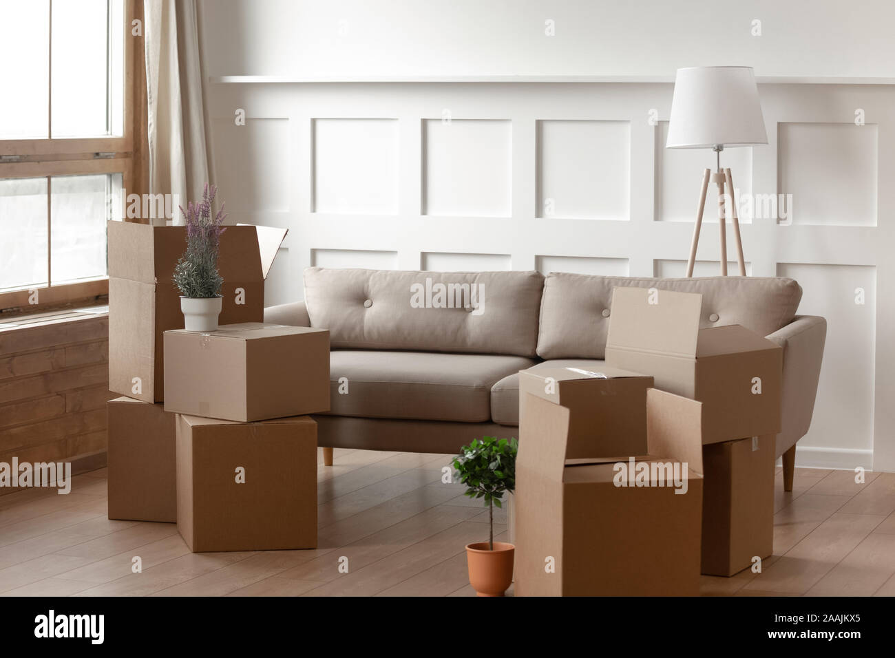 Cardboard boxes on cozy modern light living room Stock Photo - Alamy