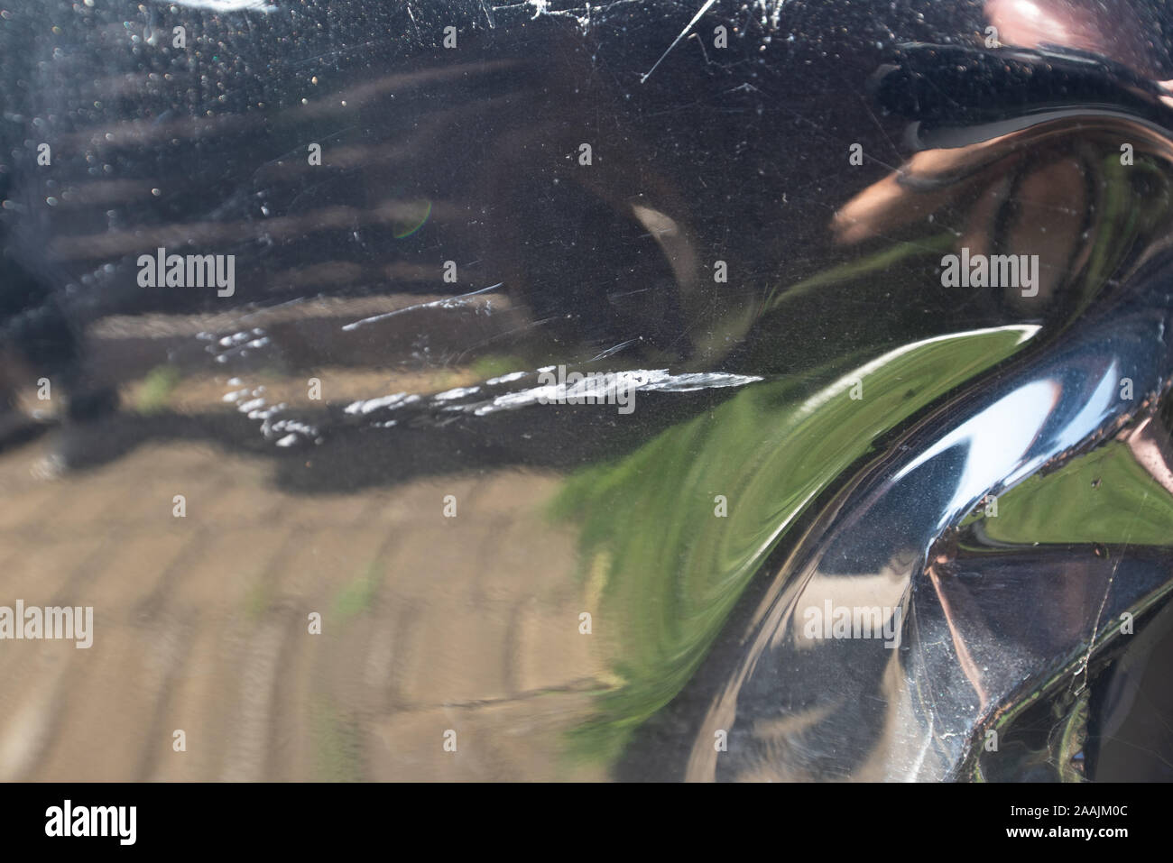 Car Crash: Damage and details of a wrecked vehicle. Close up crushed ...