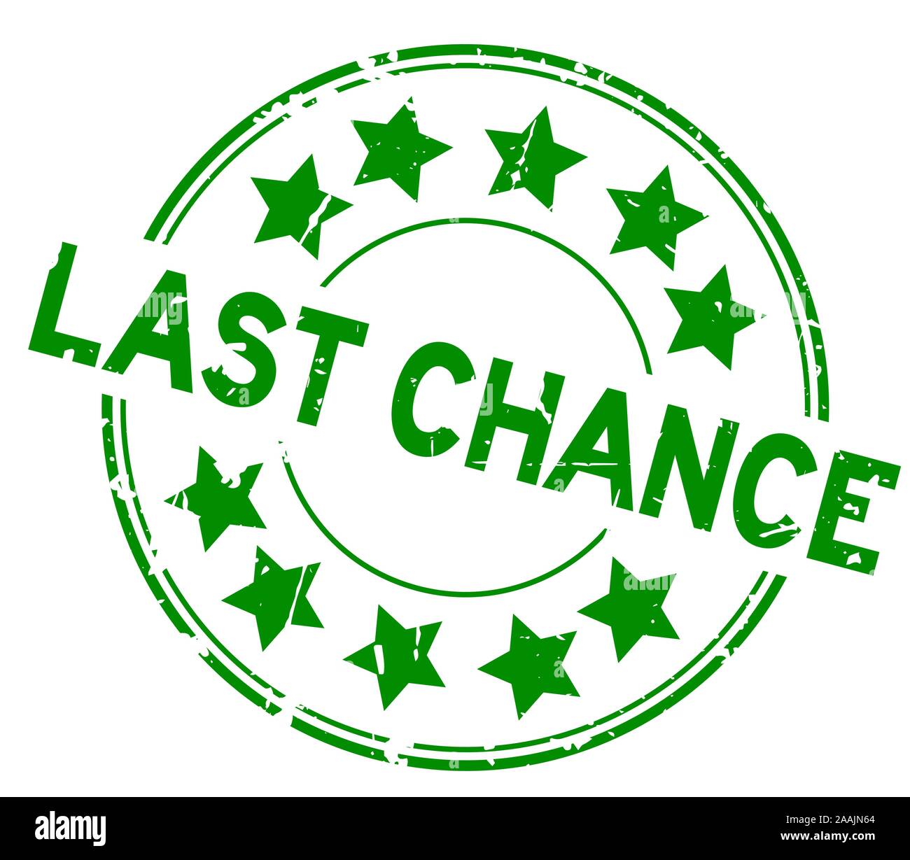 Grunge green last chance word with star icon round rubber seal stamp on ...