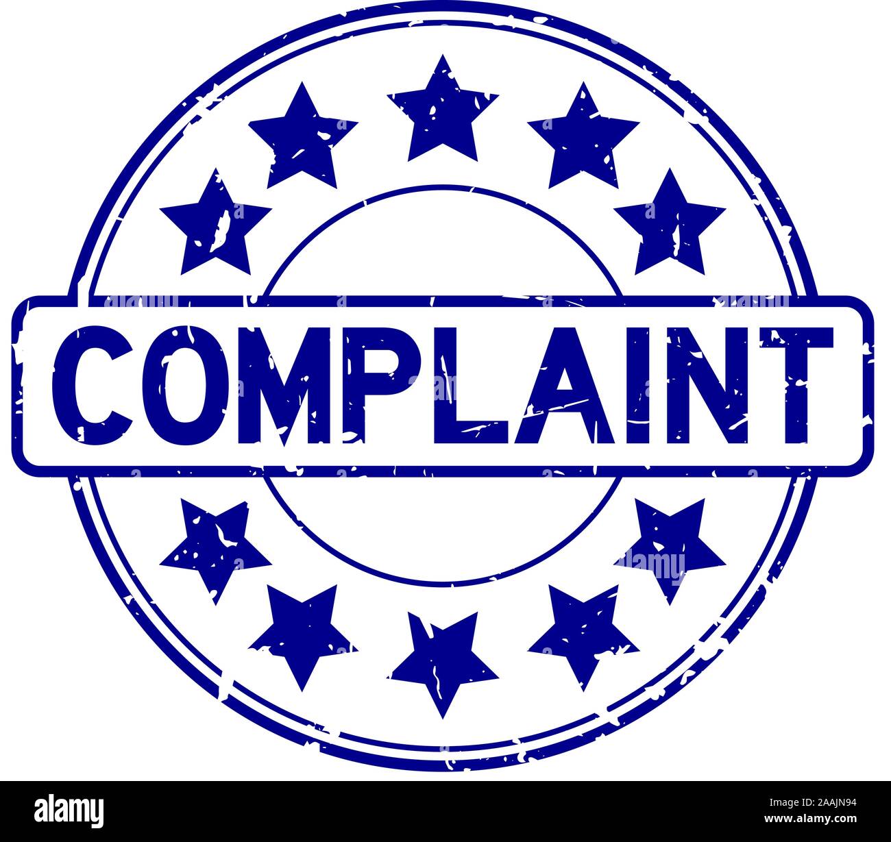 Grunge blue complaint word with star icon round rubber seal stamp on ...
