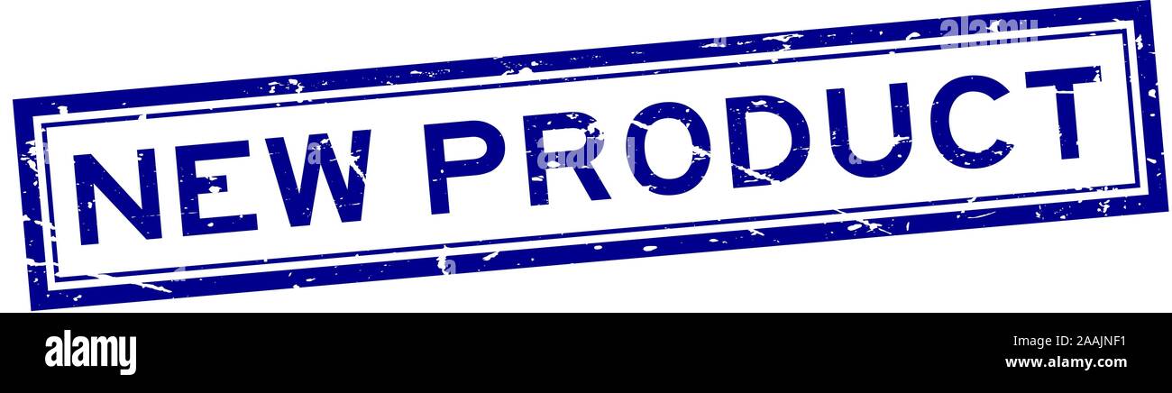 Grunge blue new product square rubber seal stamp on white background ...