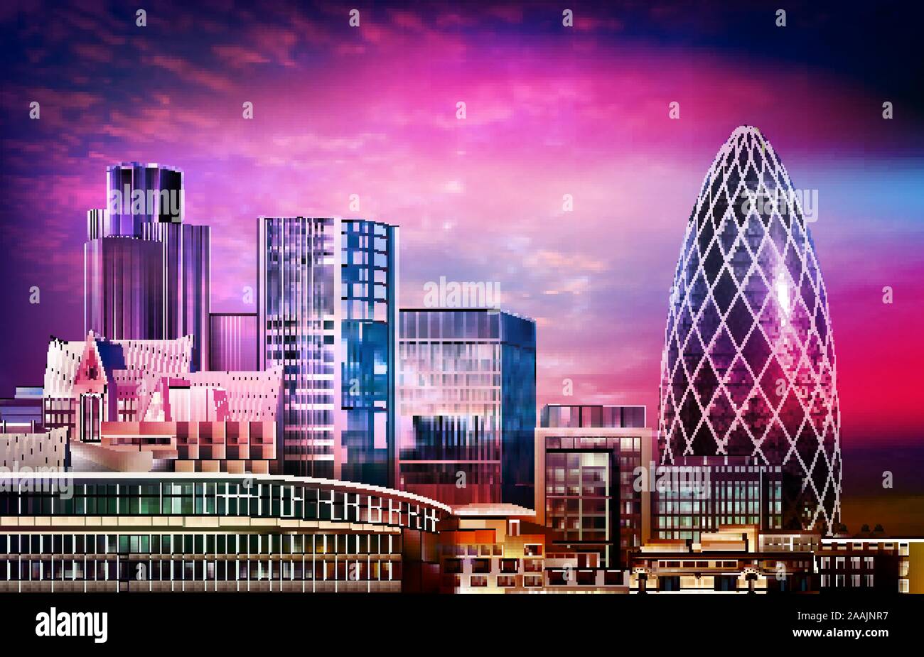 abstract purple illustration with cityscape of London on sunset ...