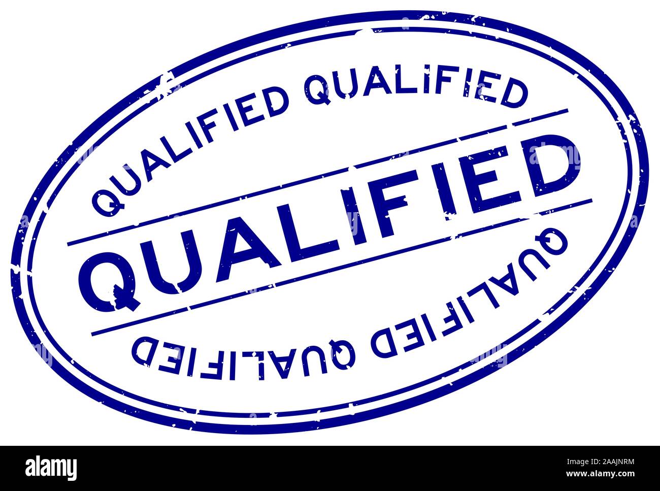 Grunge blue qualified word oval rubber seal stamp on white background ...