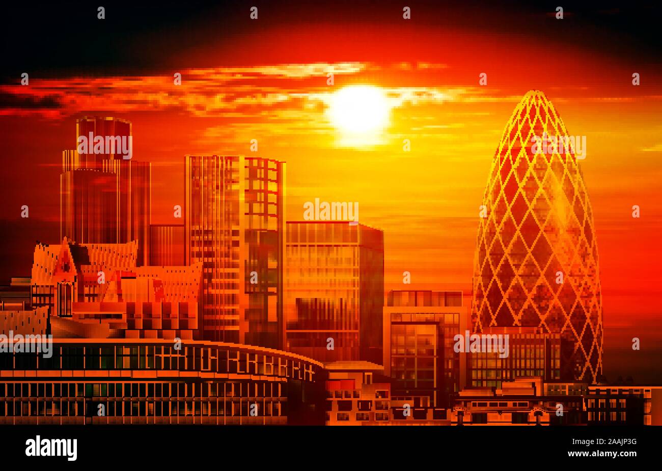abstract red illustration with cityscape of London on sunset background ...