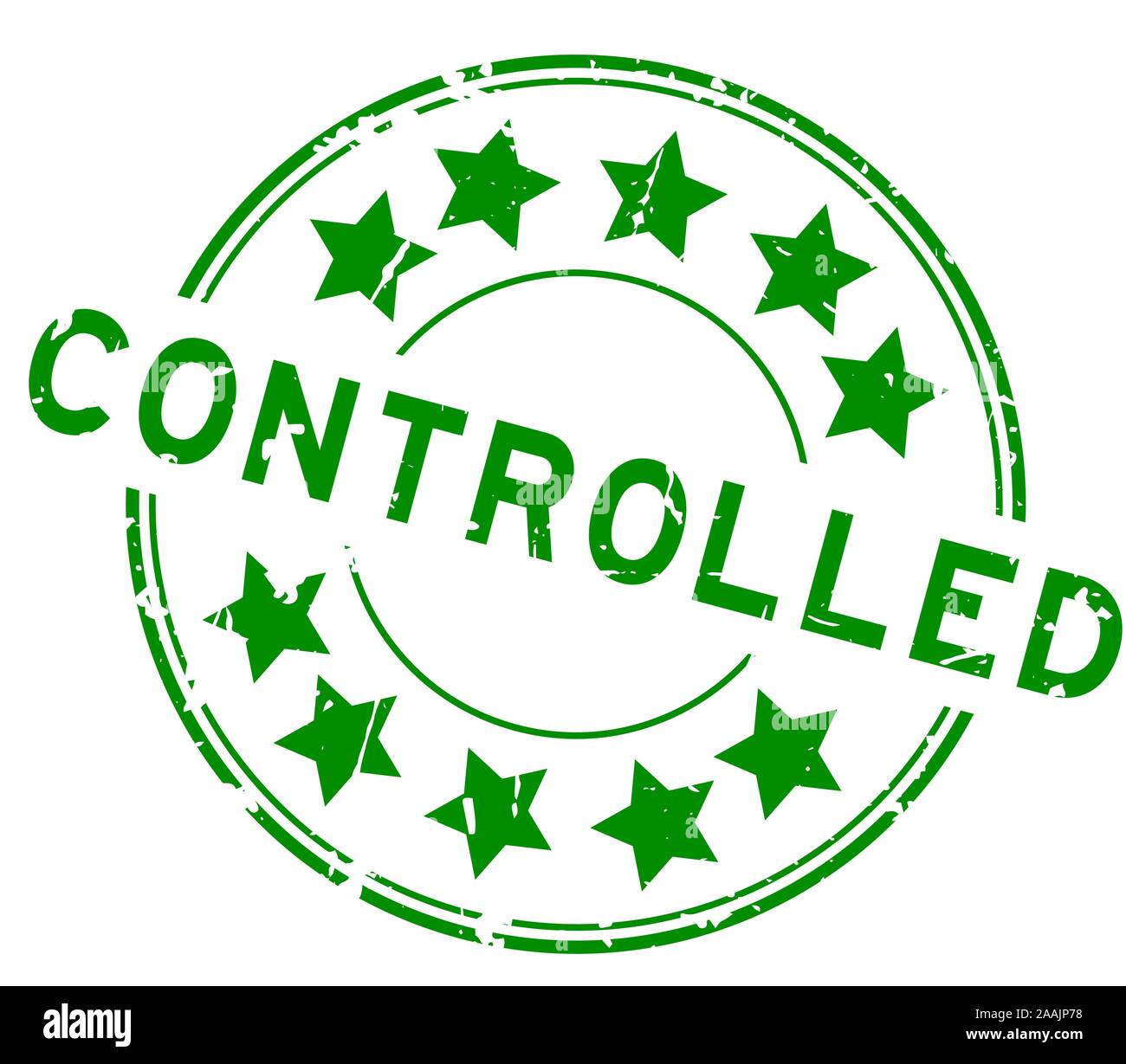 Grunge green controlled with star icon round rubber stamp on white ...