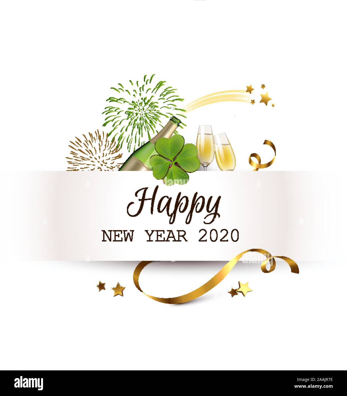 New year greeting card. Banner with fireworks, champagne, star ...