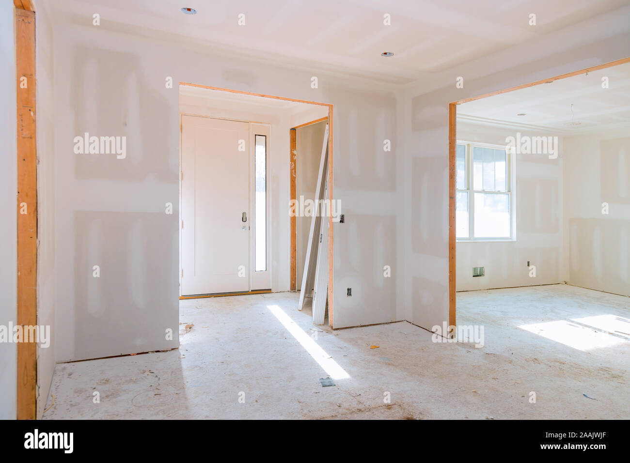 Interior construction of housing project with door installed ...