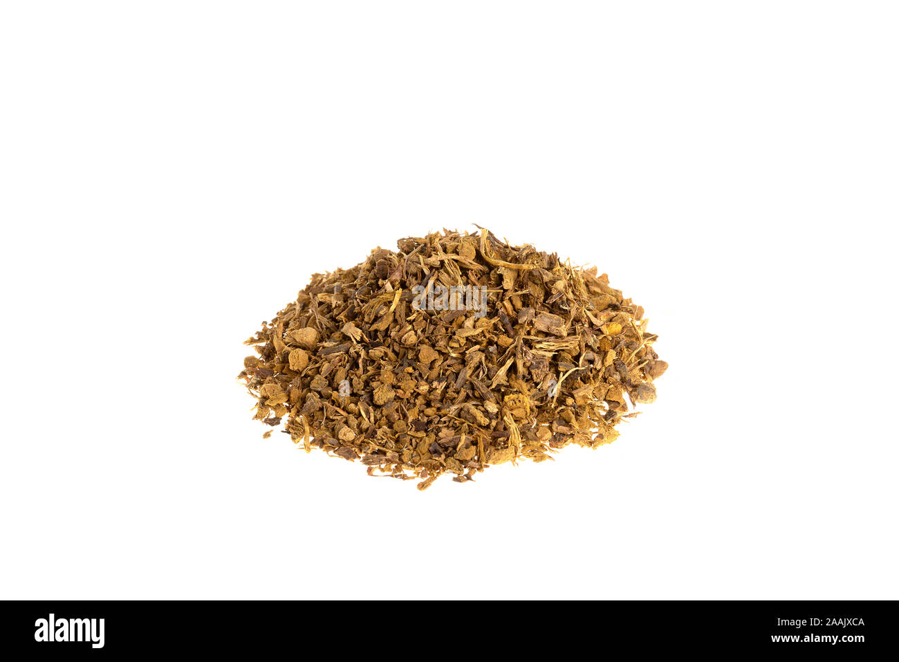 Pile of dried Rhubarb, Rheum rhabarbarum shredded roots isolated on ...