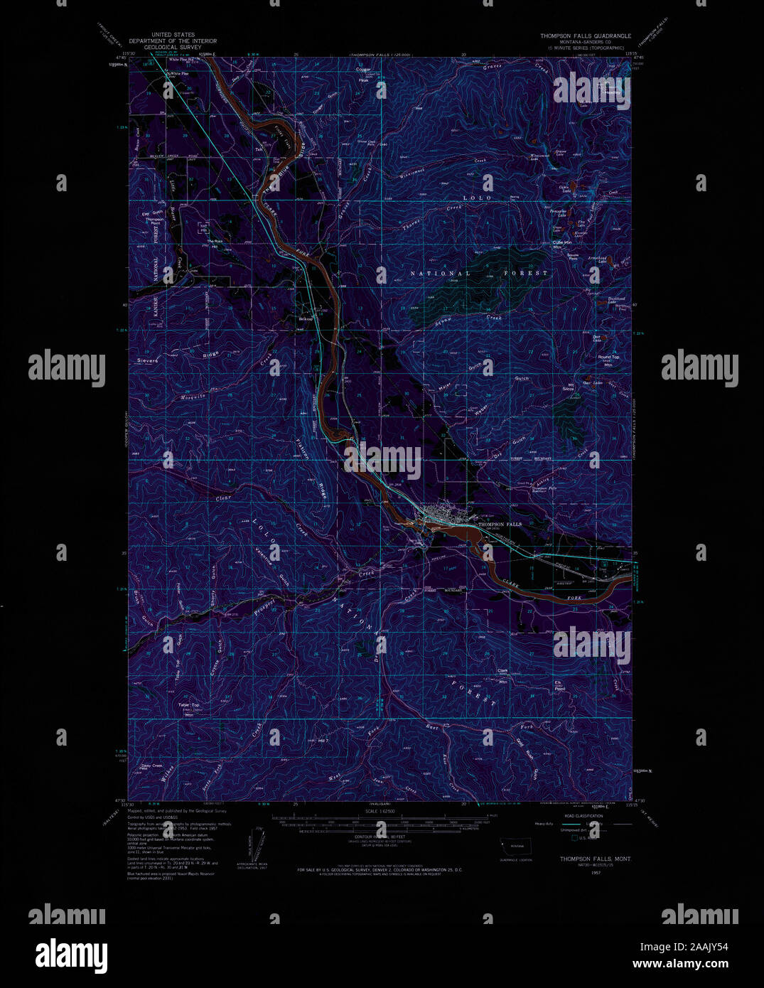 USGS TOPO Map Montana MT Thompson Falls 268301 1957 62500 geo Inverted ...