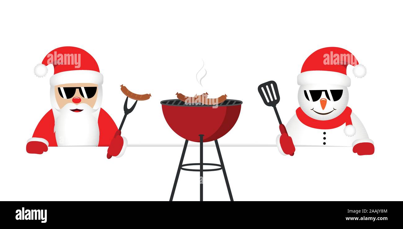 cute santa claus and snowman with sunglasses at christmas bbq vector ...