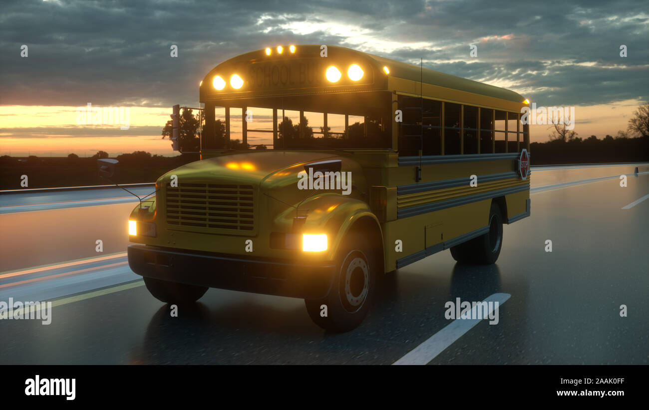 School bus driving on the road, concept of going back to school, 3d ...
