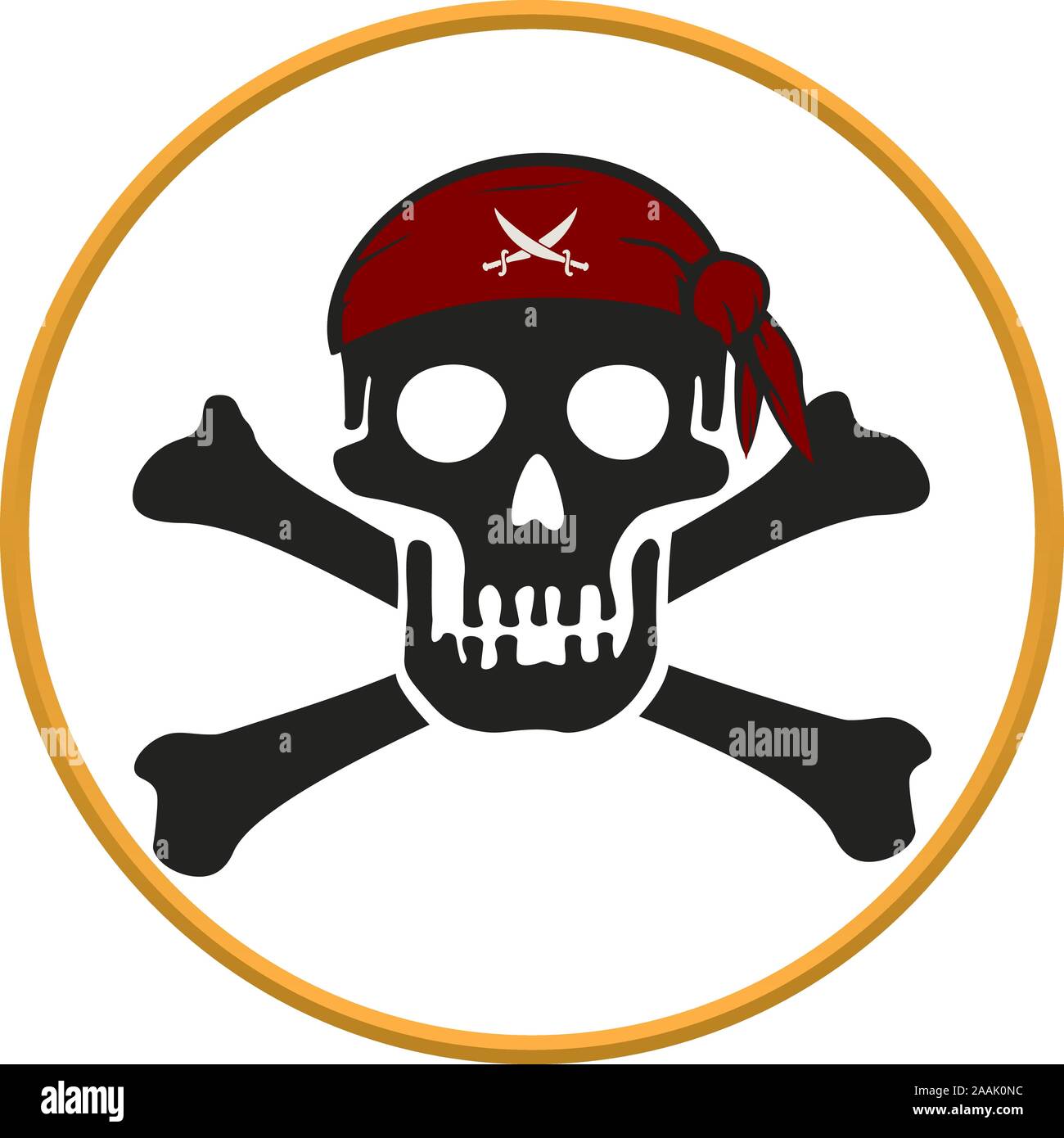 Vector illustration. Pirate circular emblem with text, skull and bones ...