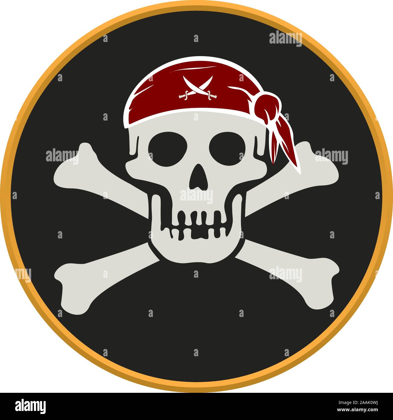 Vector illustration. Pirate circular emblem with text, skull and bones ...