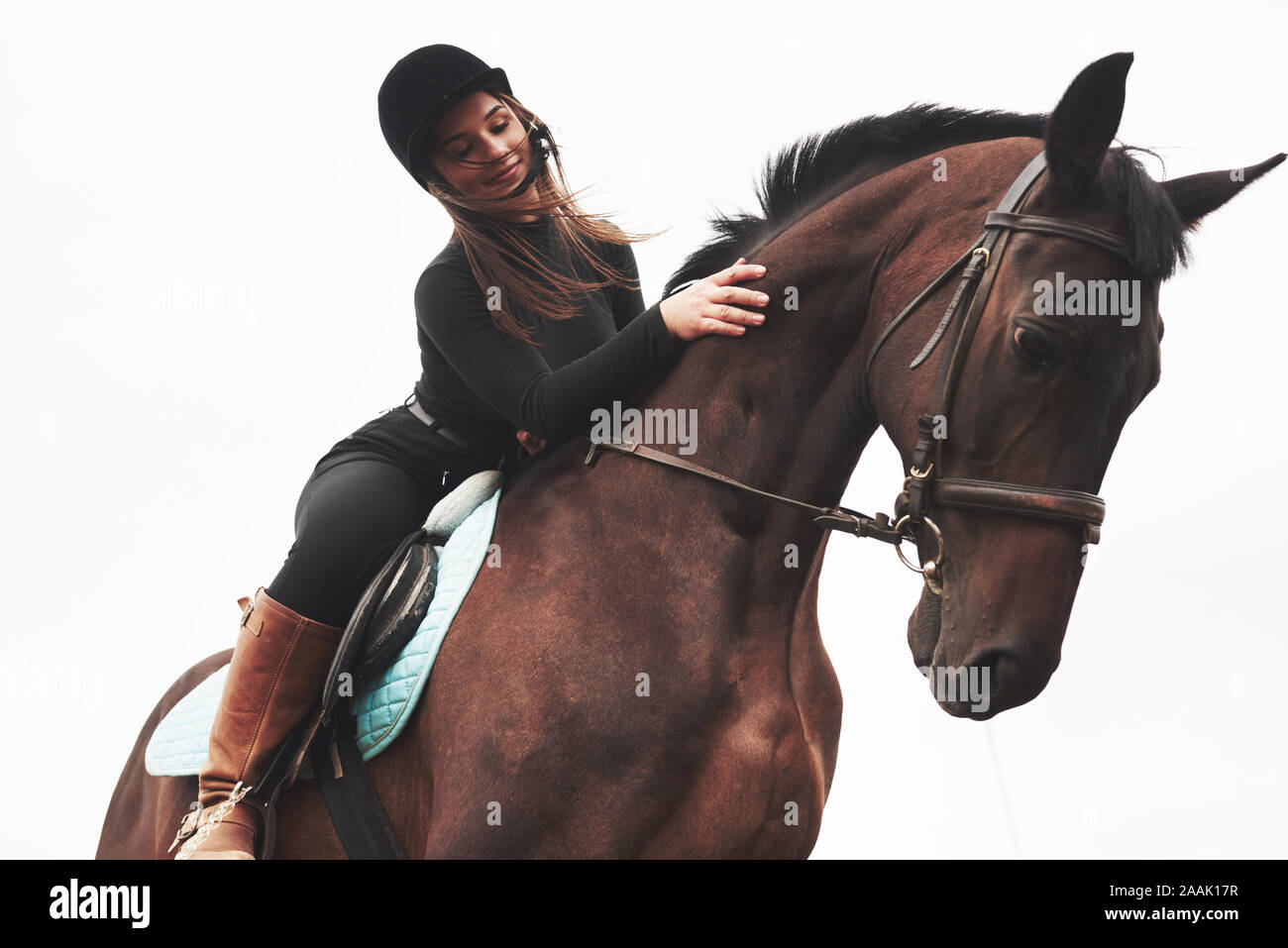 Young pretty girl - riding a horse, equestrian sport in spring time ...
