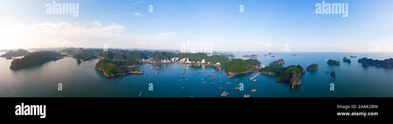 Aerial unique view Vietnam Cat Ba bay with floating fishing boats on ...