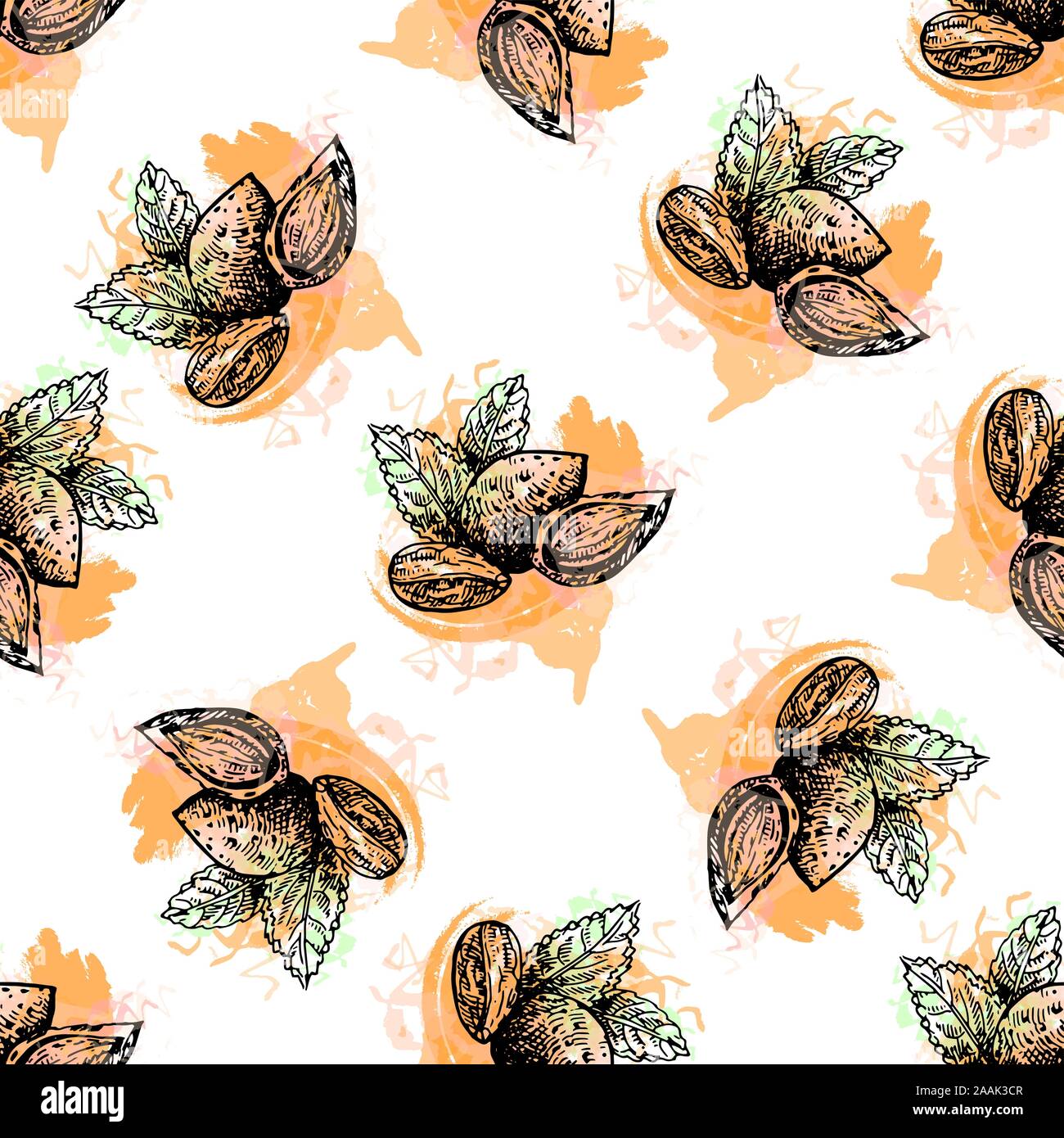 Seamless Pattern Of Hand Drawn Sketch Style Almonds Isolated On White