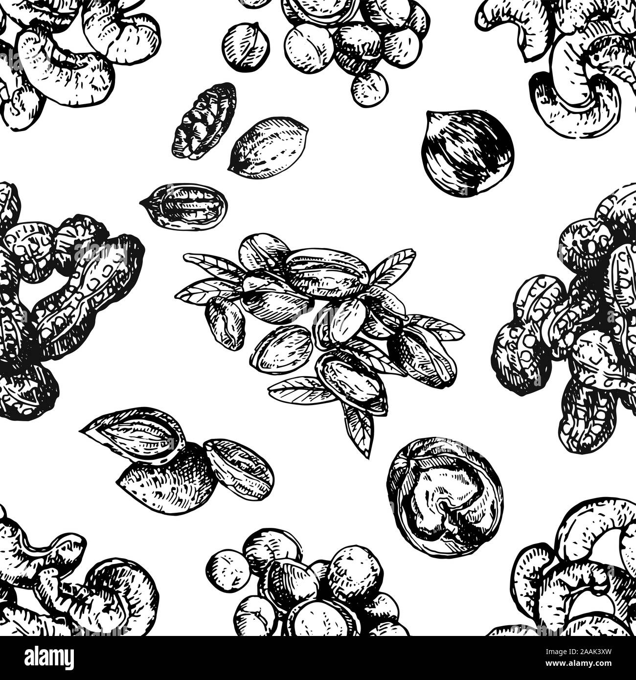 Seamless pattern of hand drawn sketch style different kinds of nuts ...