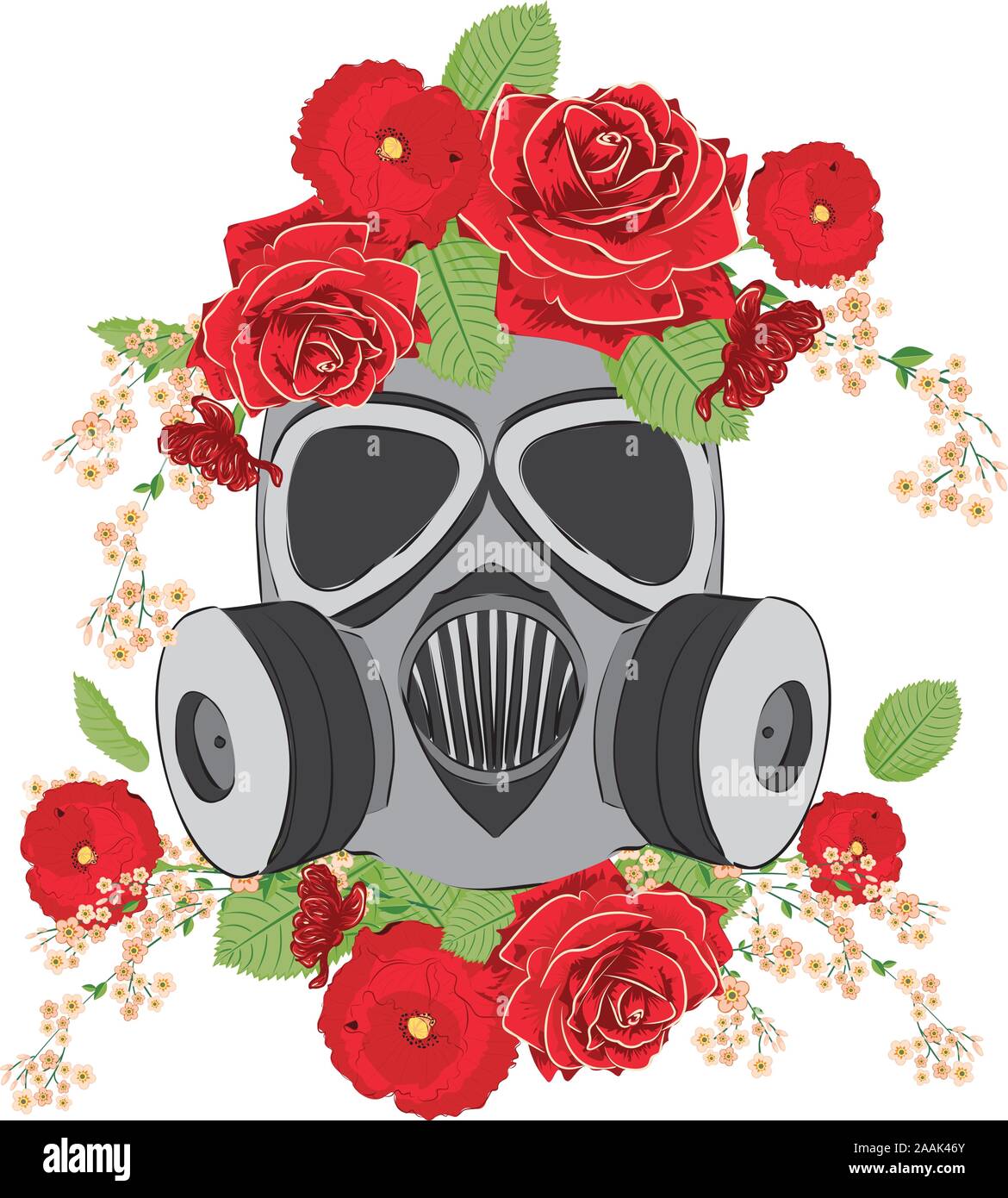 Cartoon grunge gas mask with roses, flower ornament design illustration ...