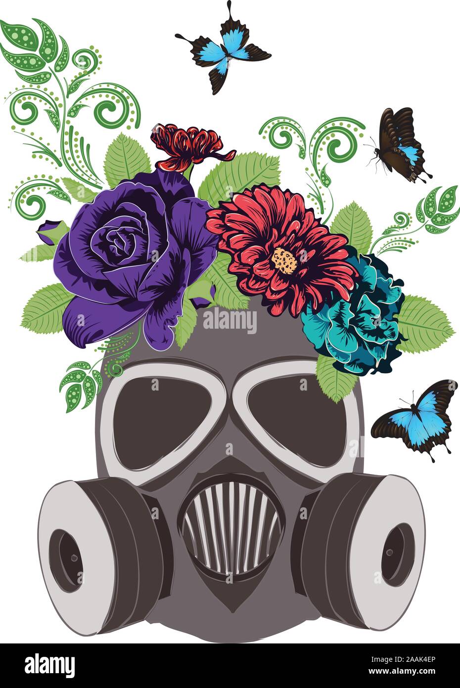 Cartoon grunge gas mask with roses, flower ornament design illustration ...