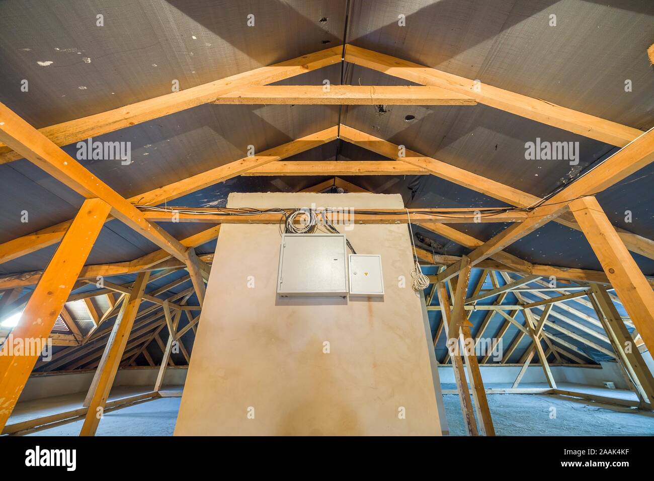 Attic of a building with wooden beams of a roof structure Stock Photo ...