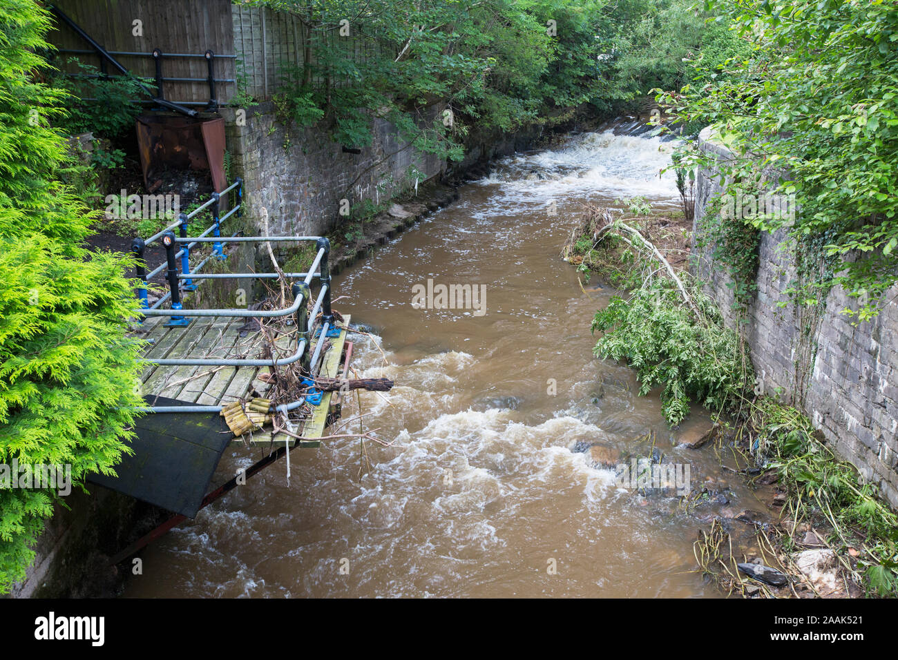 Flood debris on the River Goyt in Whaley Bridge, Derbyshire Stock Photo ...
