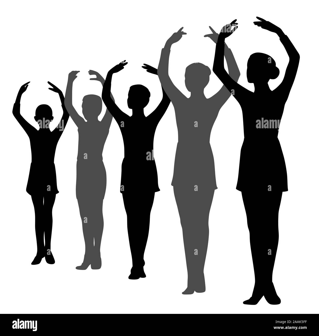 Ballet dancers four girls and one boy standing in a row with raised ...
