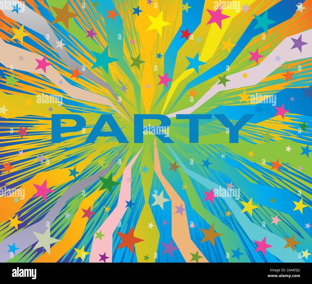 Celebratory colorful burst background with stars and word party Stock ...