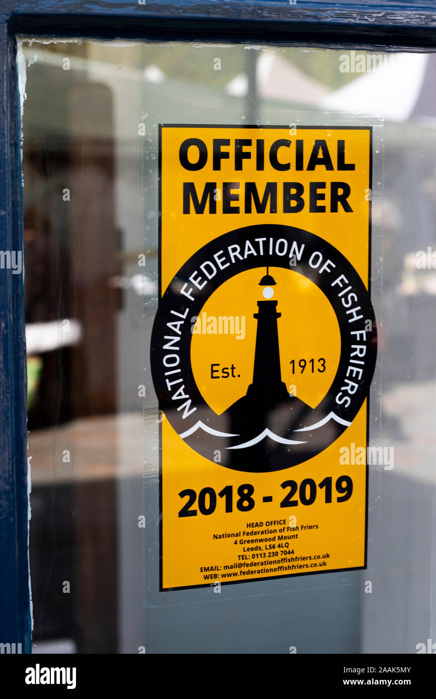 National Federation of Fish Friers sign displayed on glazed door, the ...