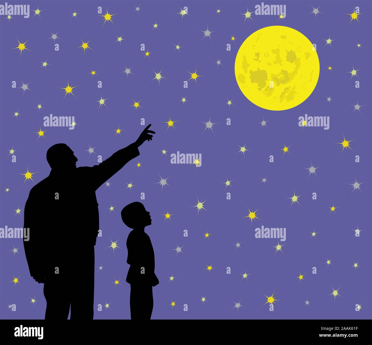 Father showing full moon in beautiful bright sparkling starry night sky ...