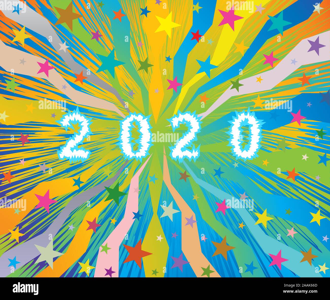 Happy New Year 2020 celebratory colorful burst background with stars ...