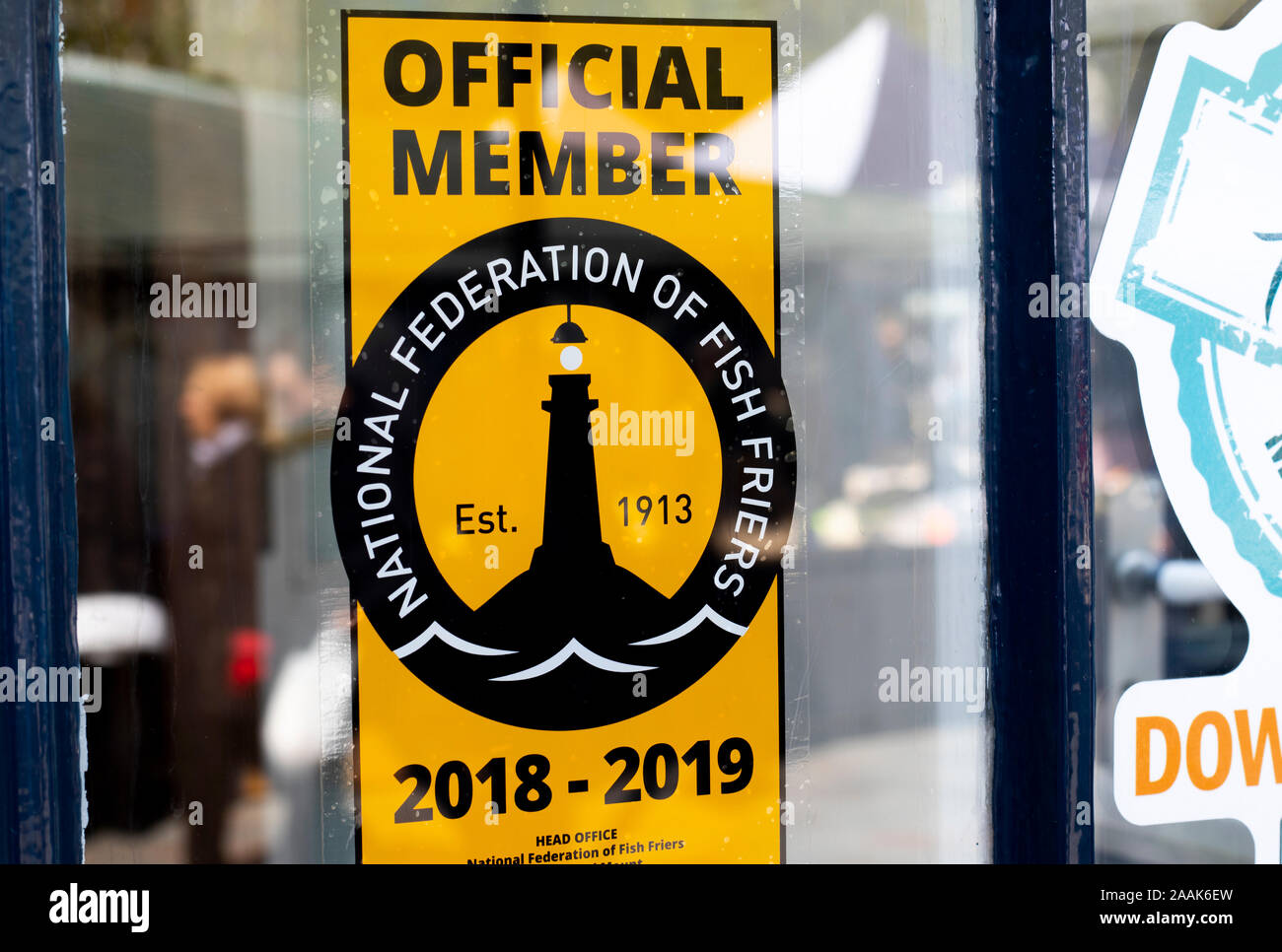 National Federation of Fish Friers sign displayed on glazed door, the ...