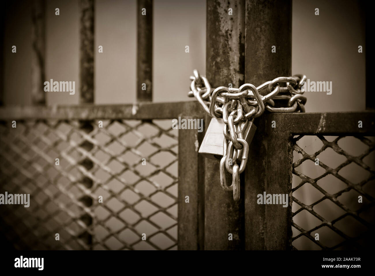 Metal gate closed with padlock - concept image Stock Photo - Alamy