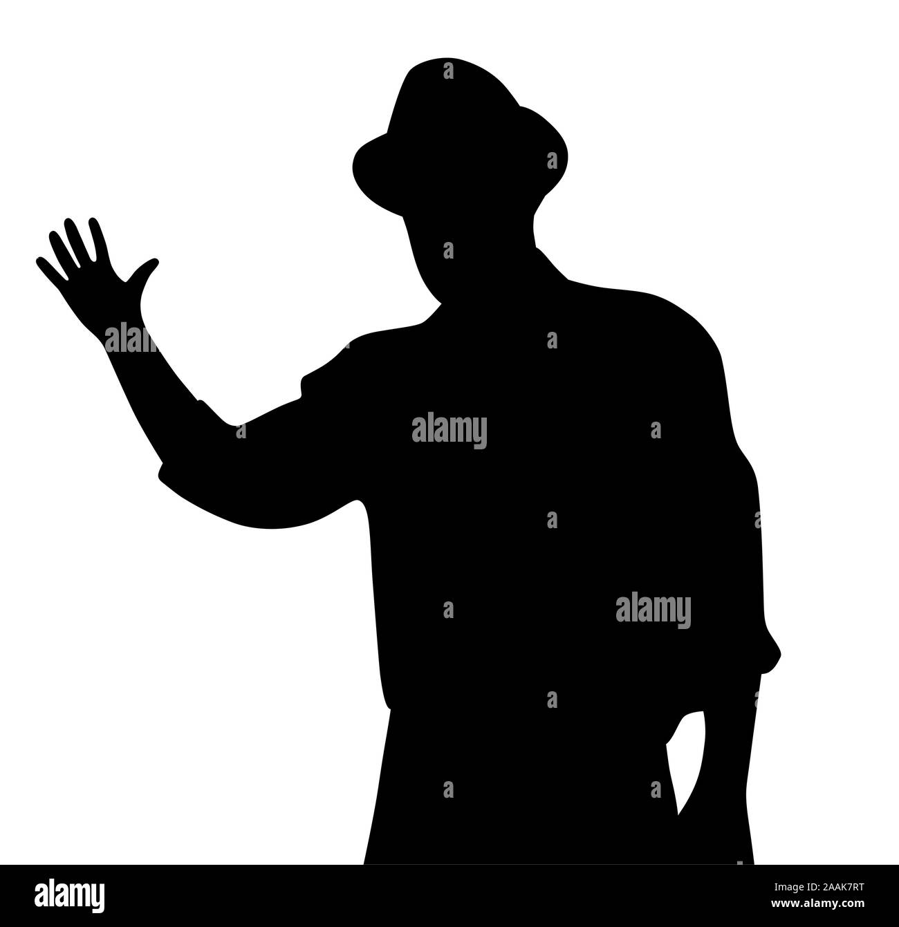 Man with hat making greeting gesture, waving his hand, saying hello or ...