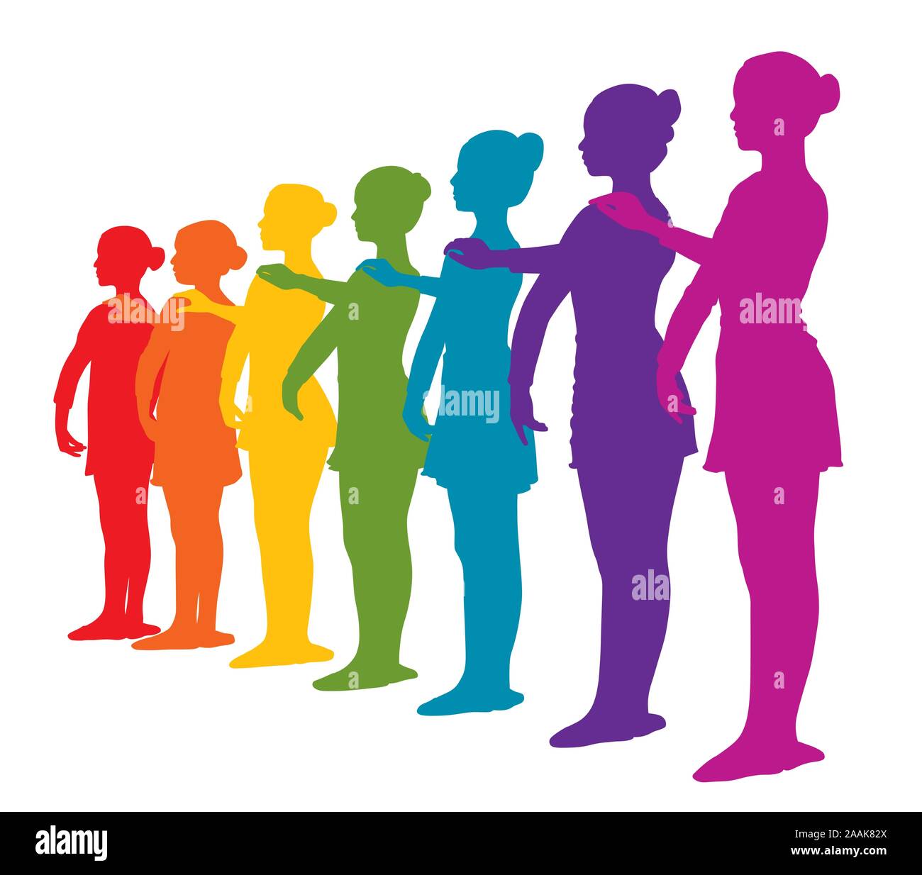 Rainbow colored row of seven ballerinas girls. Rainbow colors ...