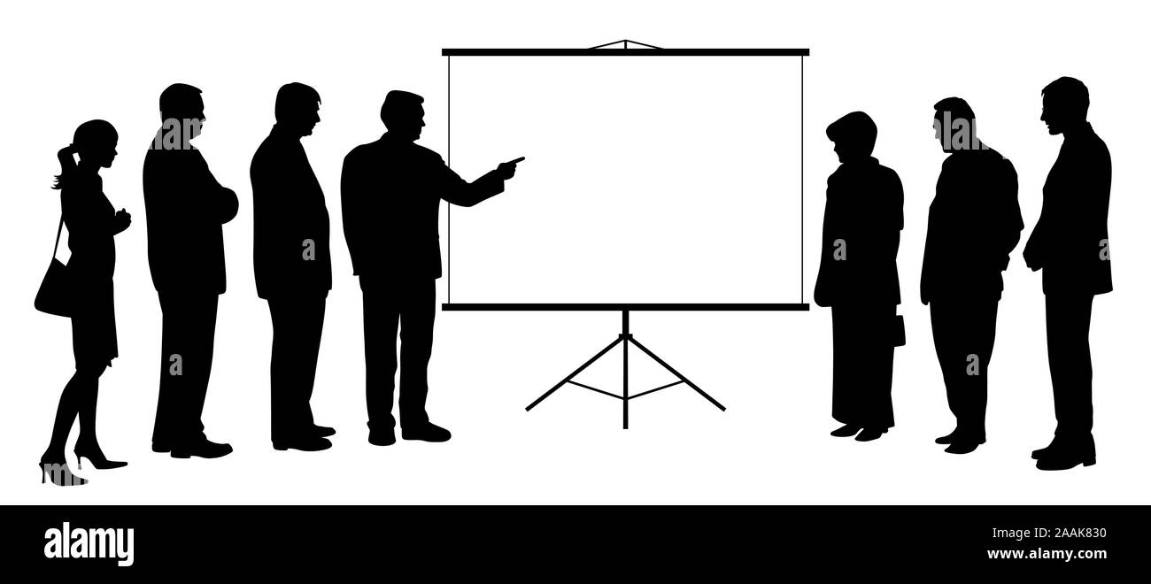 Man coach showing presentation on projection screen to business people ...